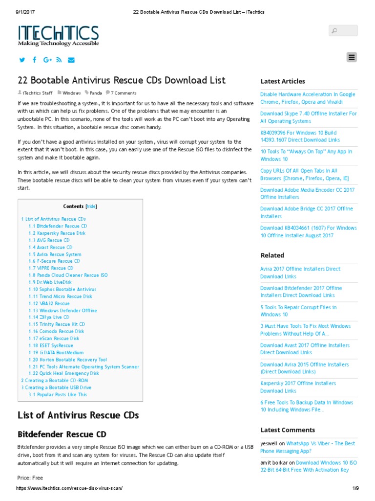 22 Bootable Antivirus Rescue CDs Download List - Itechtics PDF | PDF ...