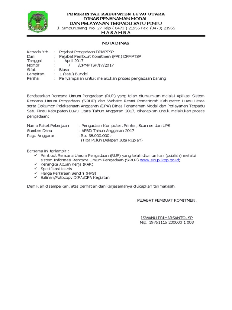 KAK Dan Nota Dinas Peralatan Kantor | PDF