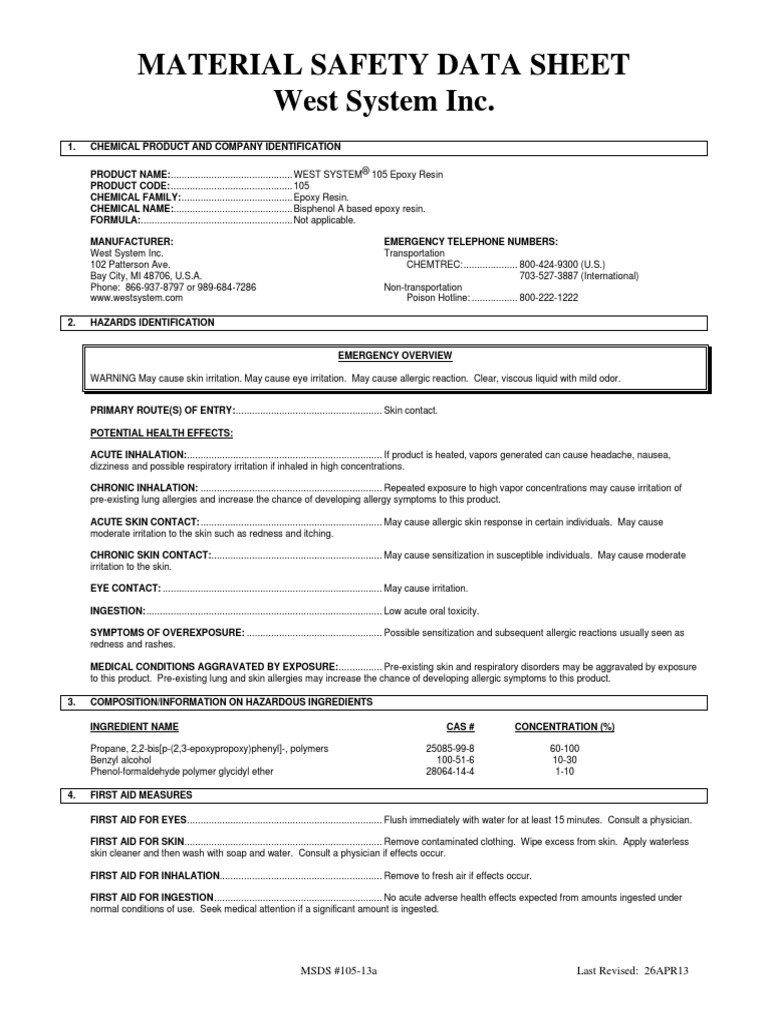 Material Safety Data Sheet West System Inc.: MSDS #105-13a Last Revised ...
