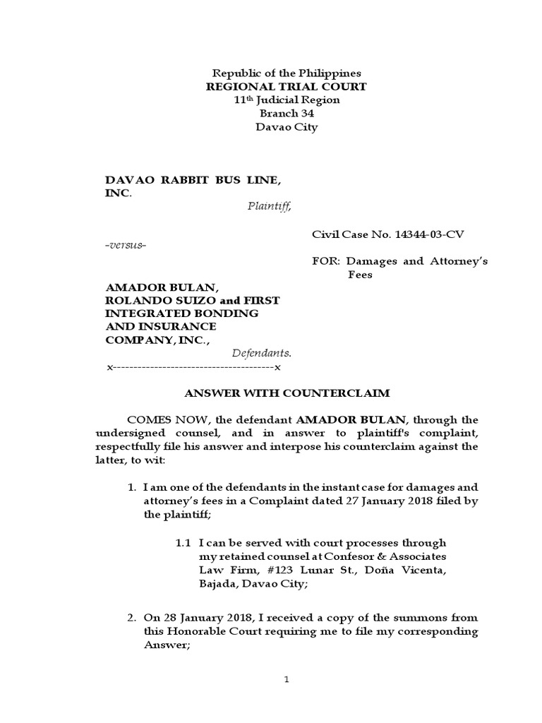 SAMPLE Answer With Counterclaim | PDF | Statute Of Limitations | Negligence