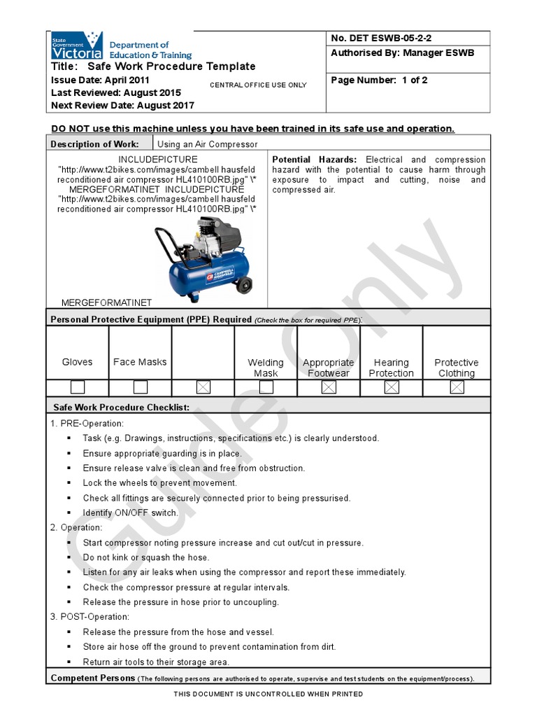 Air Compressor Procedure | PDF | Personal Protective Equipment | Gas ...