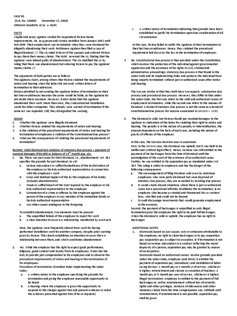 24 Agabon V NLRC Case Digest | PDF | Due Process | Employment