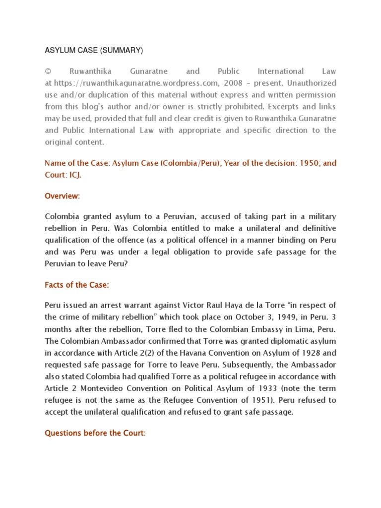 Colombia v. Peru Asylum Case Summary | PDF | Treaty | Refugee