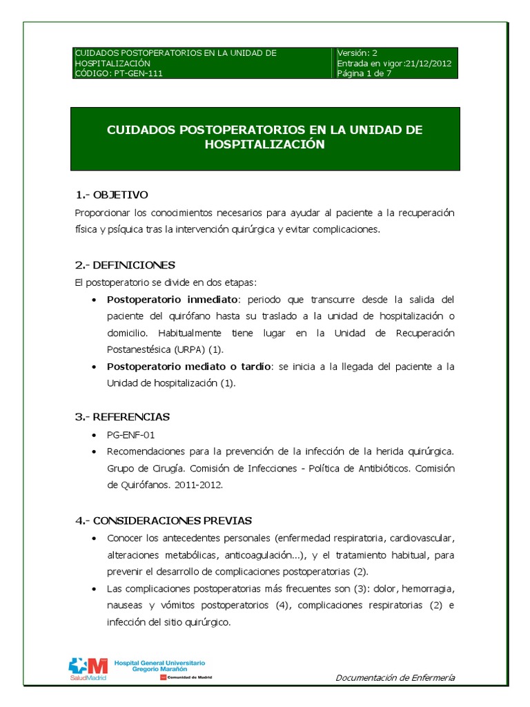 Cuidados Postoperatorios en La Unidad de Hospitalizaci - N PDF | PDF