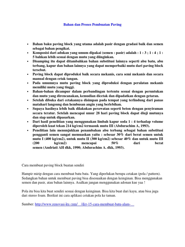 Bahan Dan Proses Pembuatan Paving Block | PDF