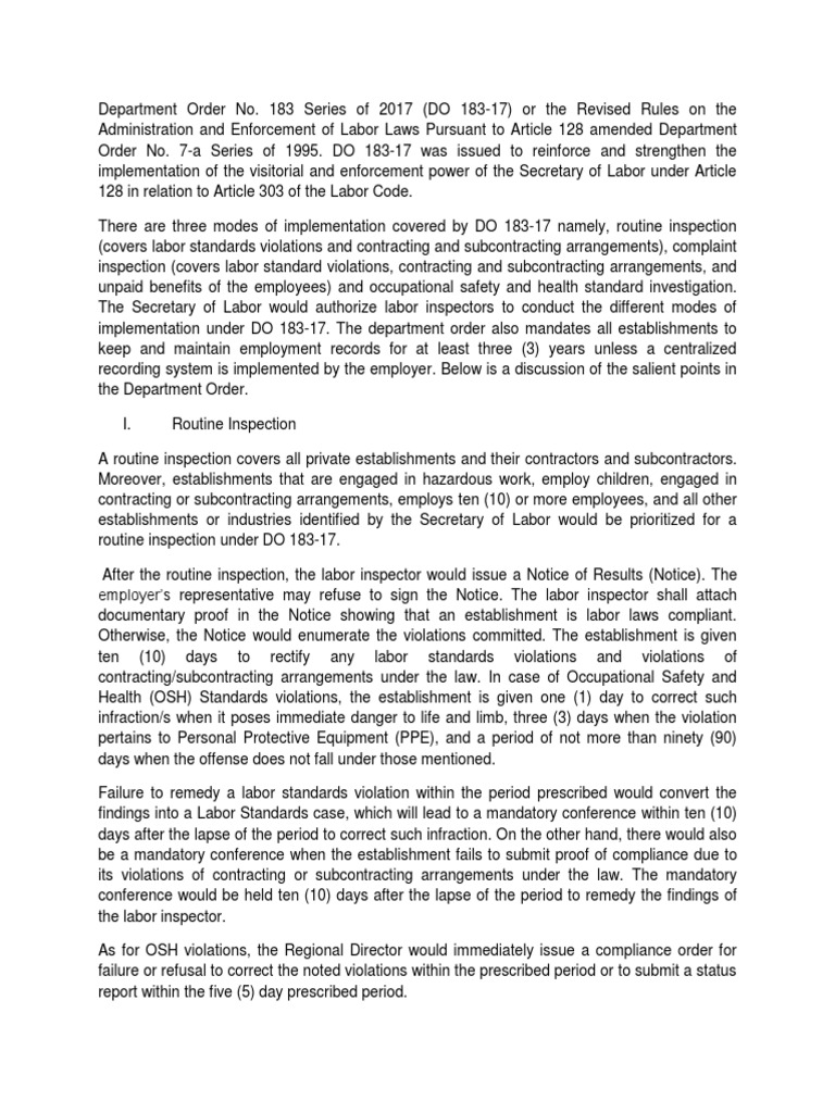 Department Order No 183-17 | PDF | Employment | Occupational Safety And ...