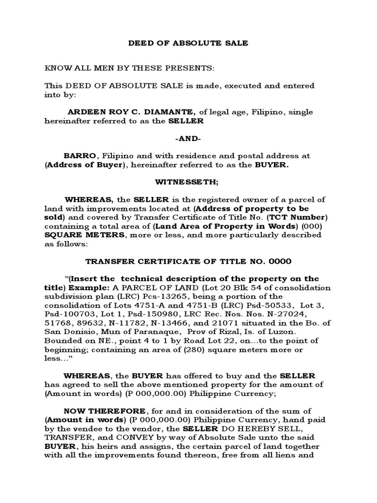 Deed of Absolute Sale | PDF | Land Lot | Sales