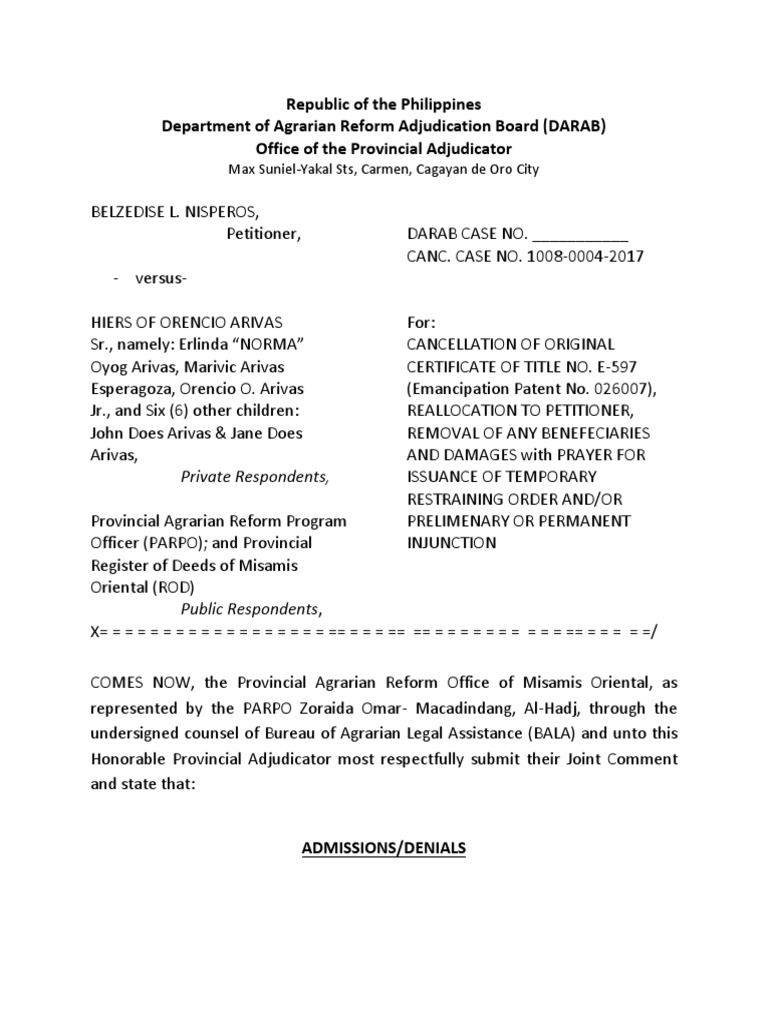 Republic of The Philippines Department of Agrarian Reform Adjudication ...