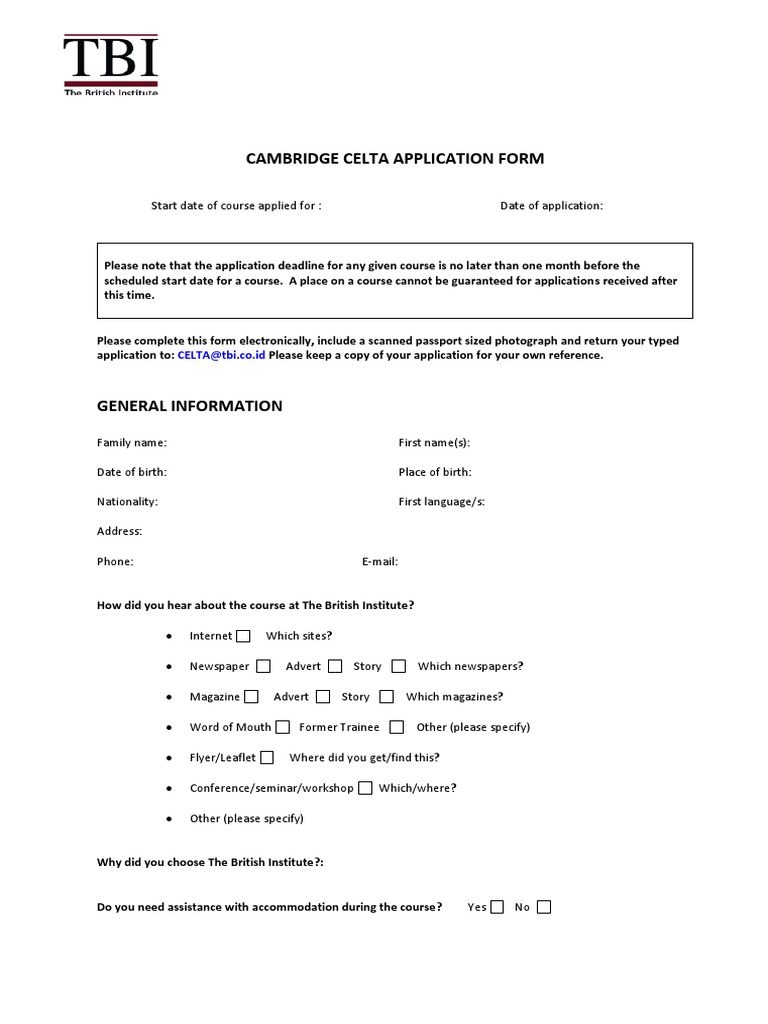 Cambridge Celta Application Form: CELTA@tbi - Co.id | PDF | Linguistics ...