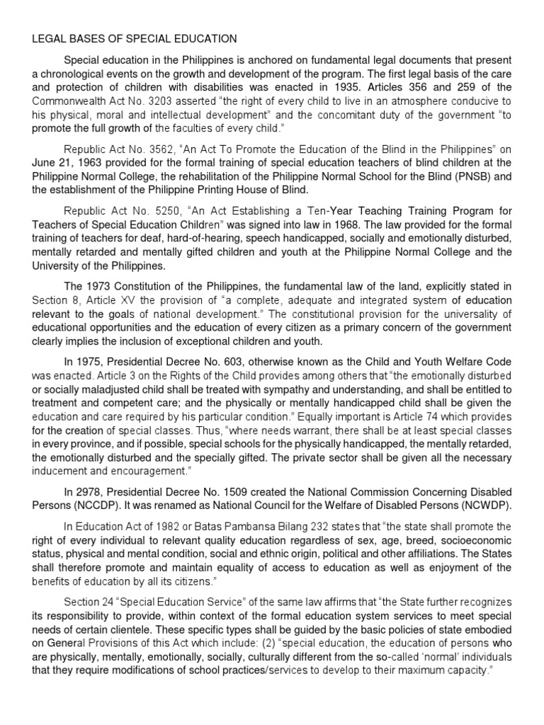 Legal Bases of Special Education | PDF | Special Education | Disability