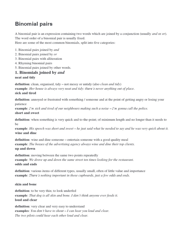 Binomial Pairs: 1. Binomials Joined by and | PDF | Business