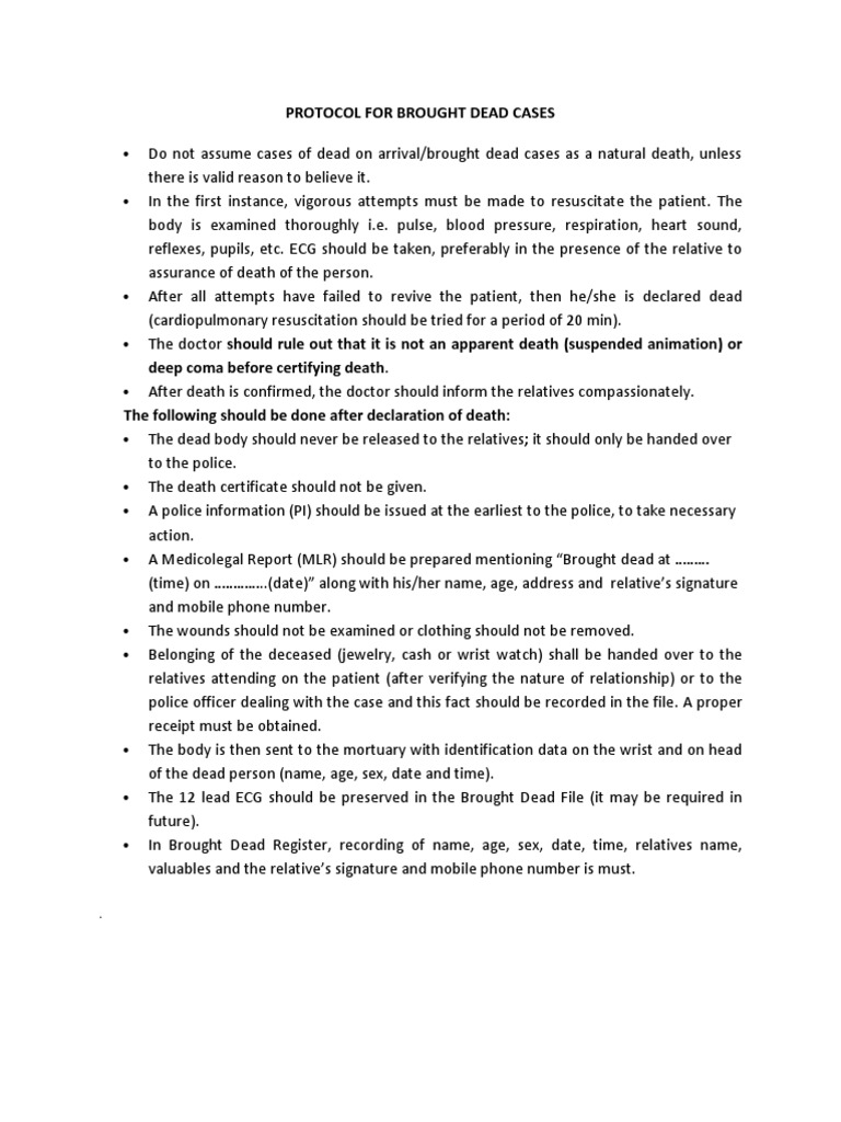 Brought Dead Protocol | PDF | Death | Cardiopulmonary Resuscitation