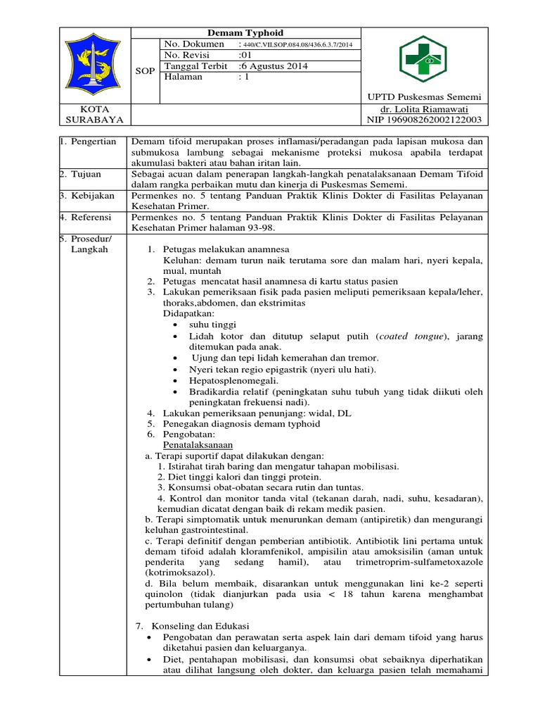SOP Demam Typhoid PKM Sememi Ok PDF | PDF