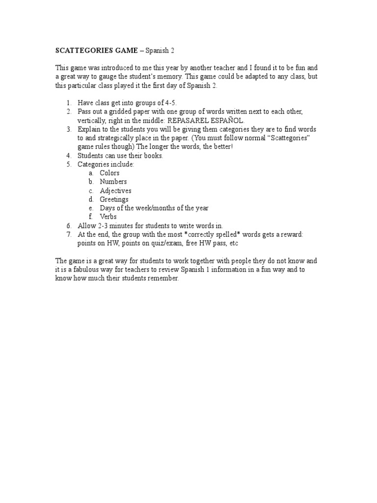 Scattegories Game - Spanish 2 | PDF