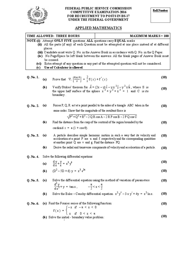 Applied Maths Subjective 2016 PDF Differential Equations Acceleration