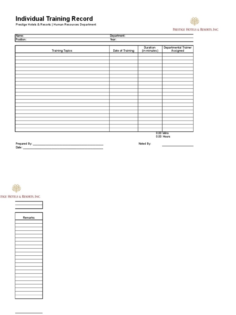 Individual Training Record: Prestige Hotels & Resorts - Human Resources Department | PDF | Business