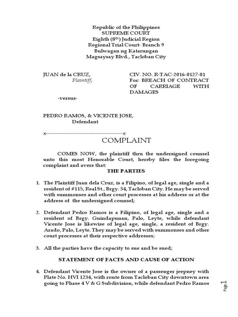 Sample Complaint | PDF | Lawsuit | Separation Of Powers