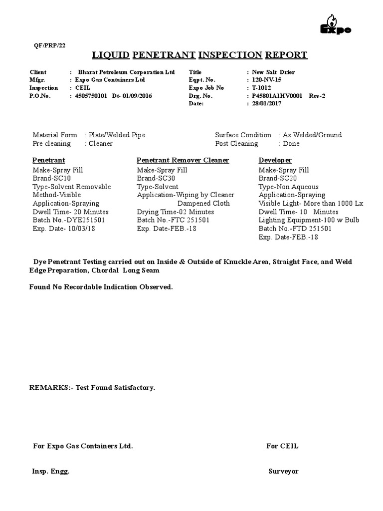 Liquid Penetrant Inspection Report | PDF