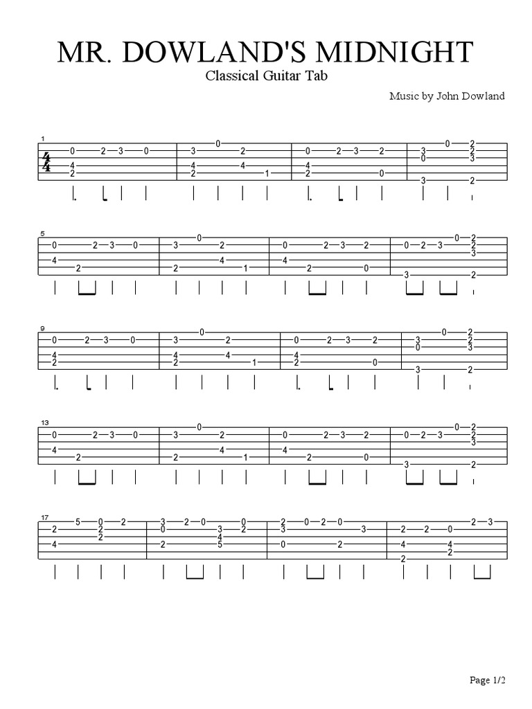 Classical Guitar Tab: Dowland's Midnight | PDF | String Instruments ...