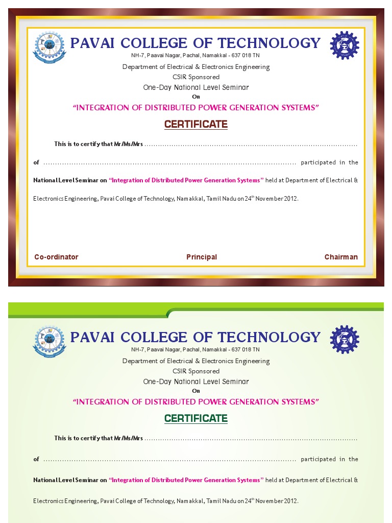 Pavai College of Technology: Certificate Certificate | PDF ...