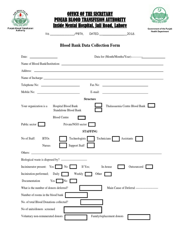 Blood Bank Data Collection Form | PDF | Blood Donation | Blood Transfusion