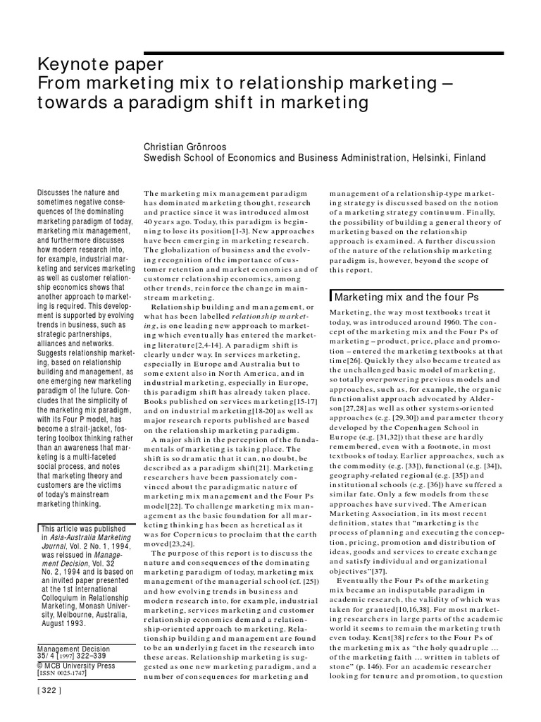Keynote Paper From Marketing Mix To Relationship Marketing-Towards A ...