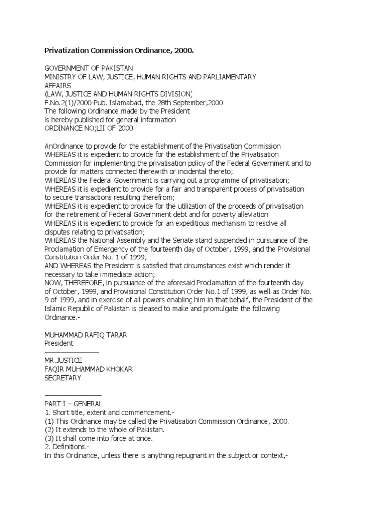 Privatization Commission Ordinance 2000 | PDF | Federal Government Of ...