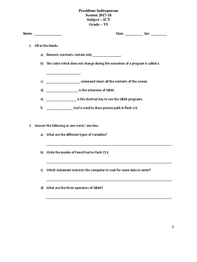 Name - Class - Sec - : Presidium Indirapuram Session 2017-18 Subject ...