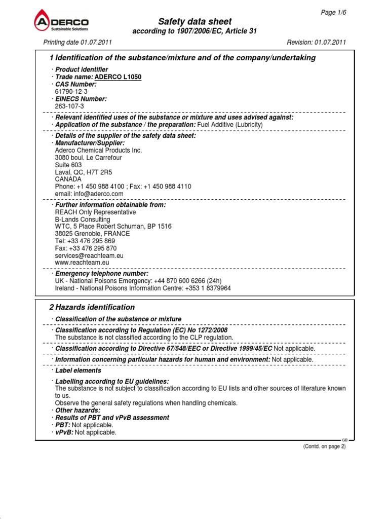 Safety Data Sheet: 1 Identification of The Substance/mixture and of The ...