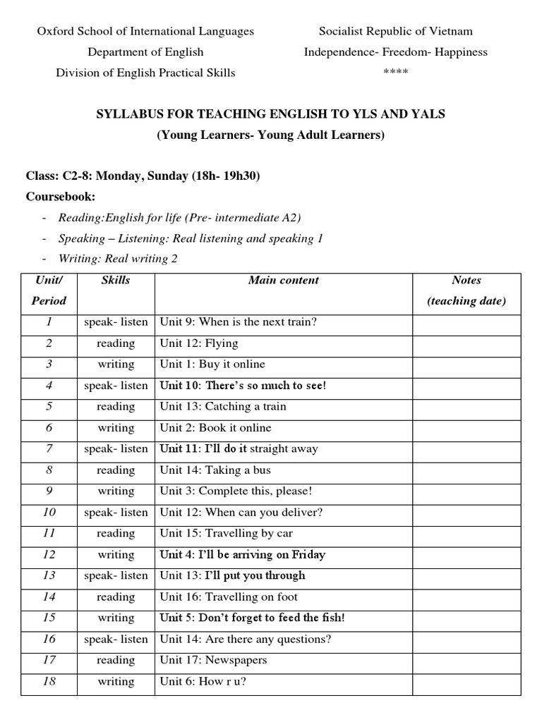 Syllabus for Teaching English to Young Learners and Young Adult ...