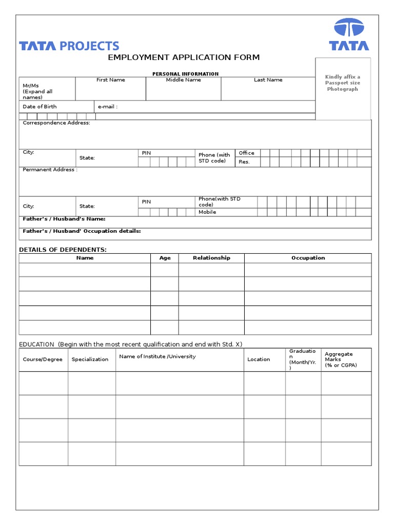 Employment Application Form Tata Projects | PDF | Crime & Violence ...