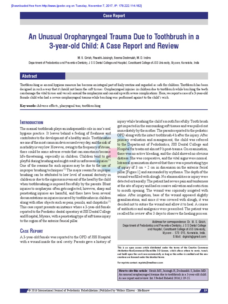 An Unusual Oropharyngeal Trauma Due To Toothbrush | PDF | Wound | Major ...