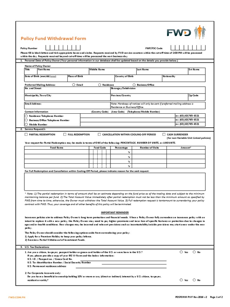 A Concise Withdrawal Form for Policy Funds | PDF | Taxpayer | Insurance