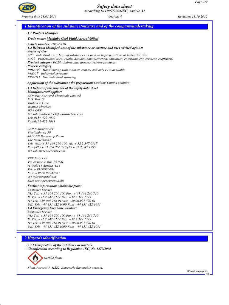 Metalube Cool Fluid Safety Data Sheet | PDF | Dangerous Goods | Chemistry