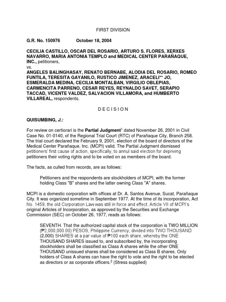 Castillo Et - Al Vs Balinghasay | PDF | Corporations | Stocks