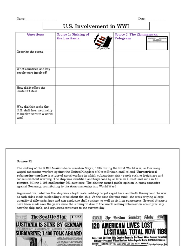 Analyzing Primary Sources - Lusitania Zimmerman Telegram | PDF