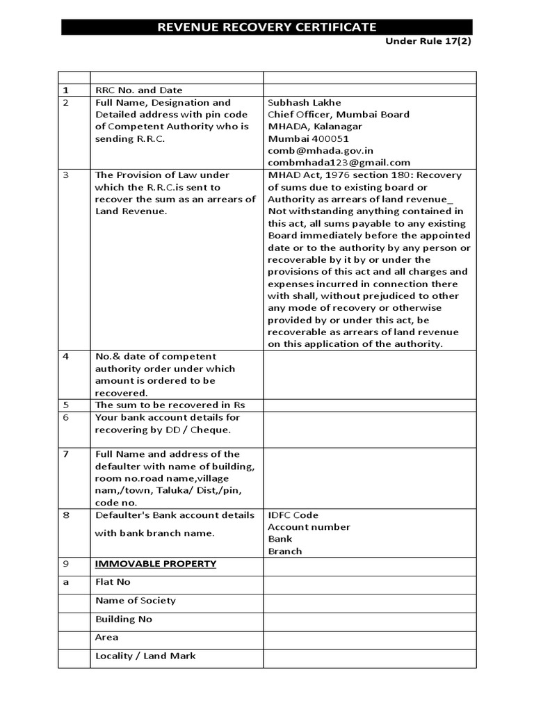 Revenue Recovery Certificate RRC FORMAT | Download Free PDF | Real ...