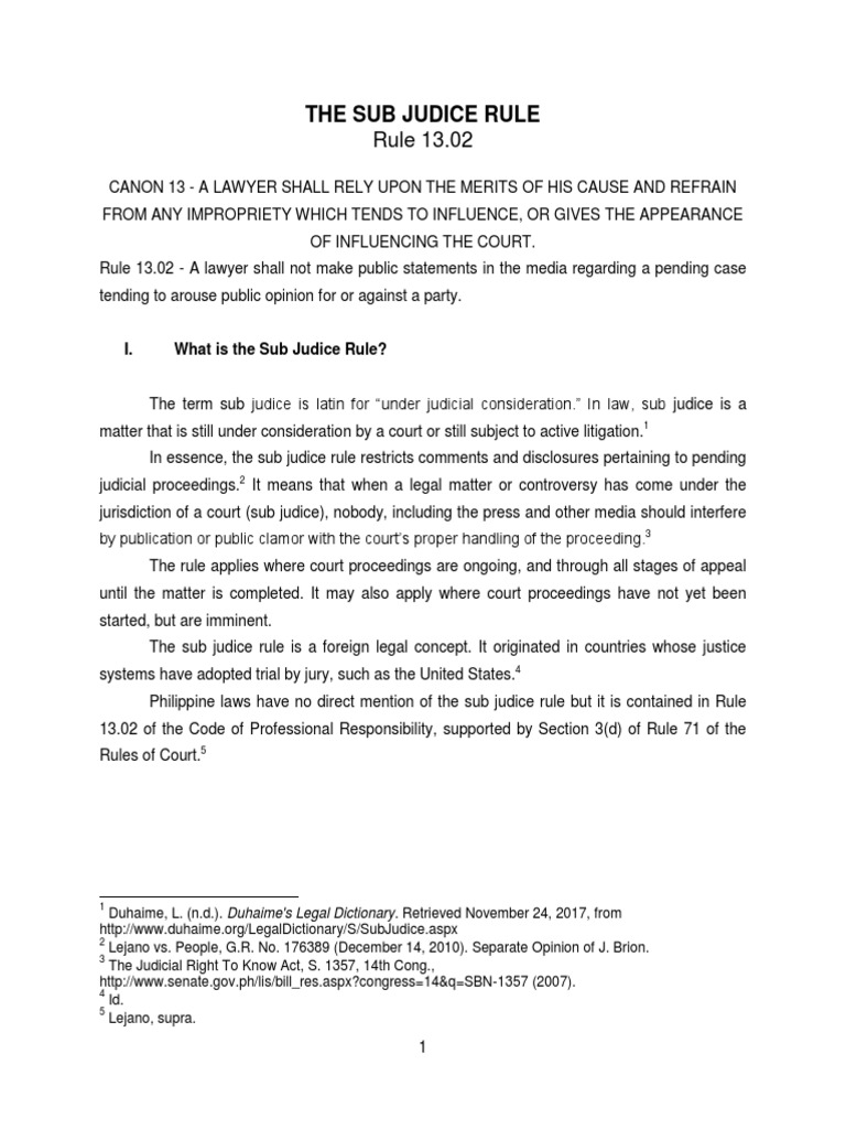 The Sub Judice Rule Final Paper | PDF | Contempt Of Court | Jury Trial