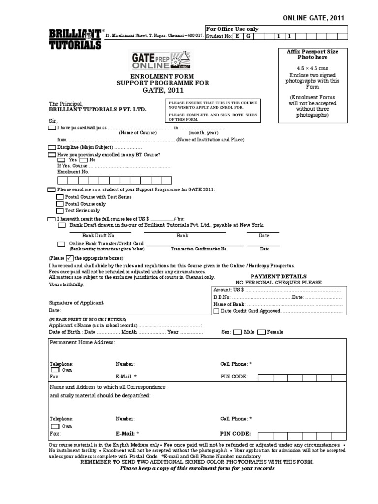 GATE 2011 Support Programme Enrolment Form | PDF | Engineering | Credit ...