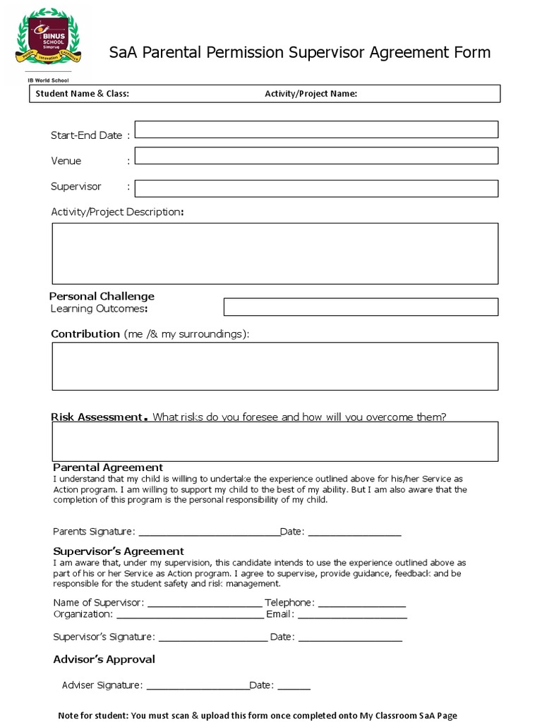 SaA Parental Permission & Supervisor Agreement Form | PDF