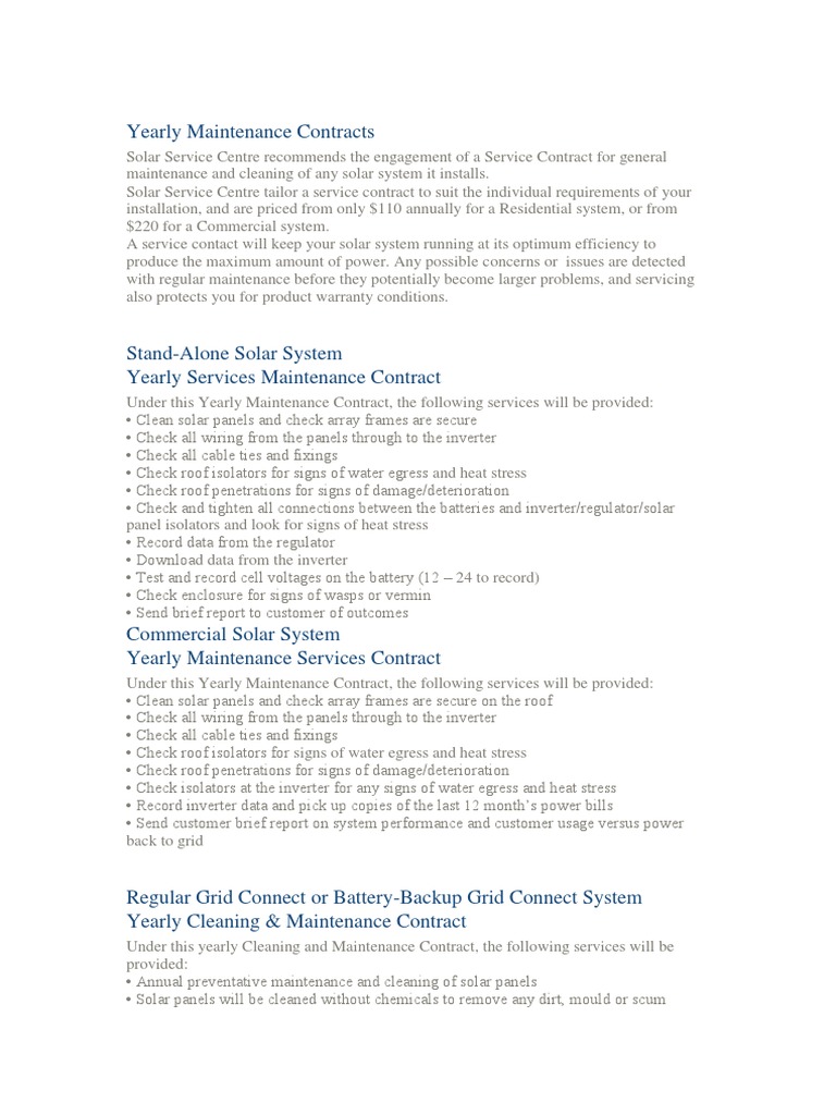 Yearly Maintenance Contract1 | PDF | Solar Panel | Electrical Wiring