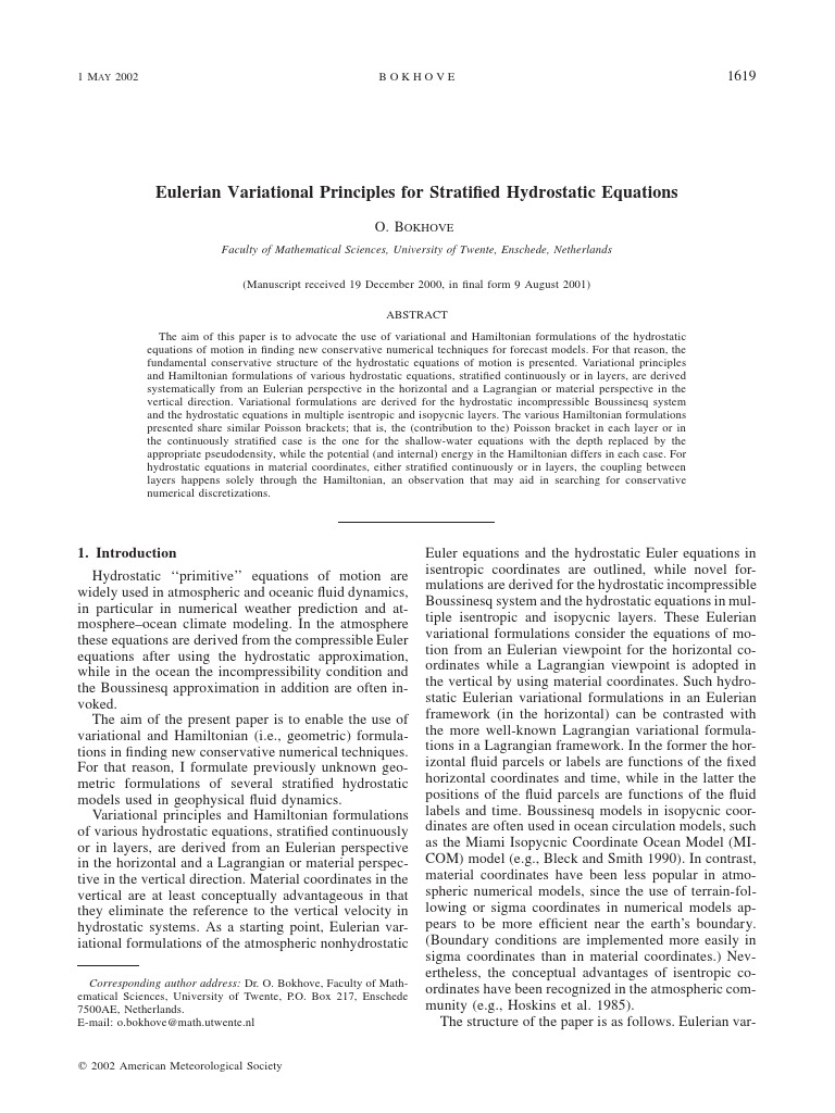 Eulerian Variational Principles For Stratified Hydrostatic Equations ...