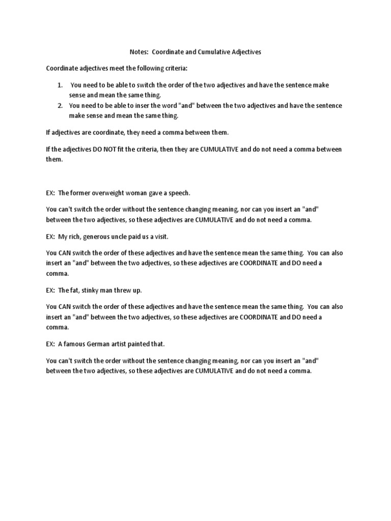 Coordinate and Cumulative Adjective Notes | PDF