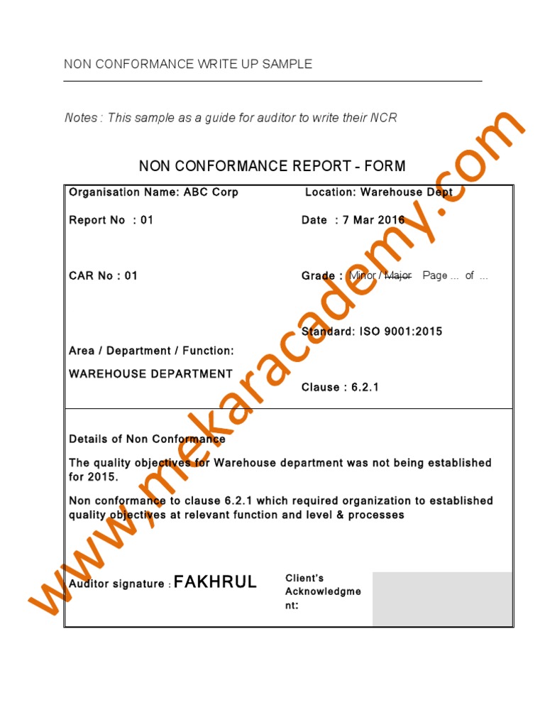Sample NCR Writing Iso 9001 2015 v1 | PDF | Iso 9000 | Evaluation