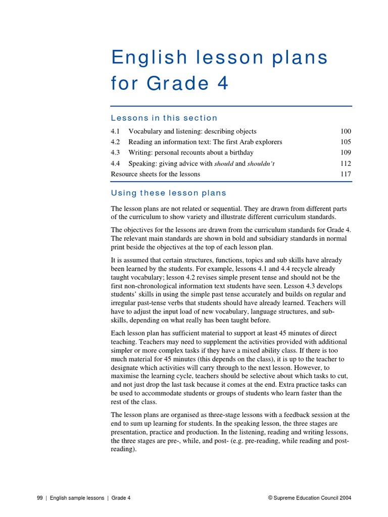 English Lesson Plans For Grade 4: Lessons in This Section | PDF ...