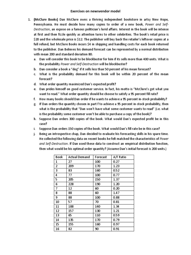 Exercises On News Vendor Model | PDF | Inventory | Demand
