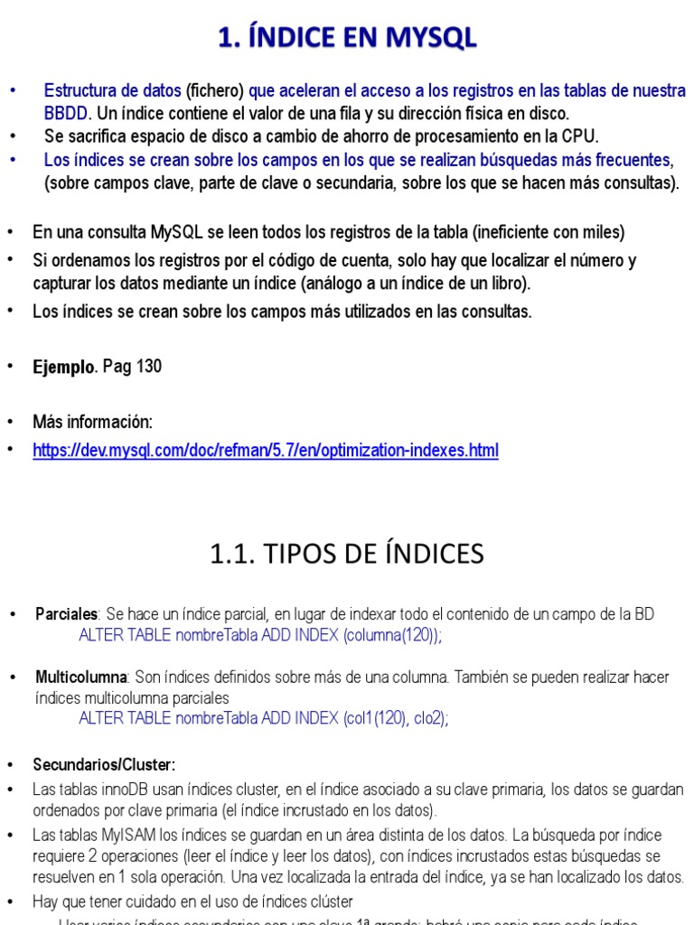 1 Indices en MySQL | PDF | Gestión de datos | Informática
