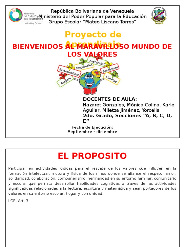 Proyecto de Aprendizaje 2do Grado Sobre Valores 2017 - 2018 | PDF | Fracción (Matemáticas ...