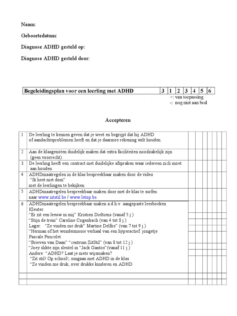 Begeleidingsplan Adhd | PDF