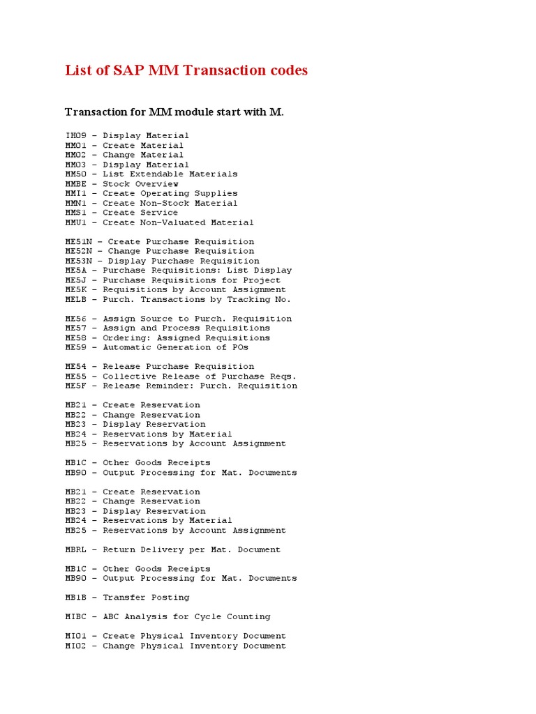 List of SAP MM Transaction Codes | Download Free PDF | Service ...